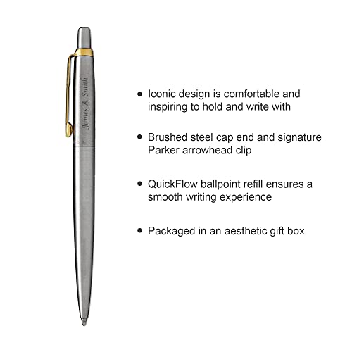 Parker Personalized/Engraved Jotter Stainless Steel & Gold Ballpoint Pen with Leather Case and Gift Box - Custom Engraved with your Name (Stainless Gold)