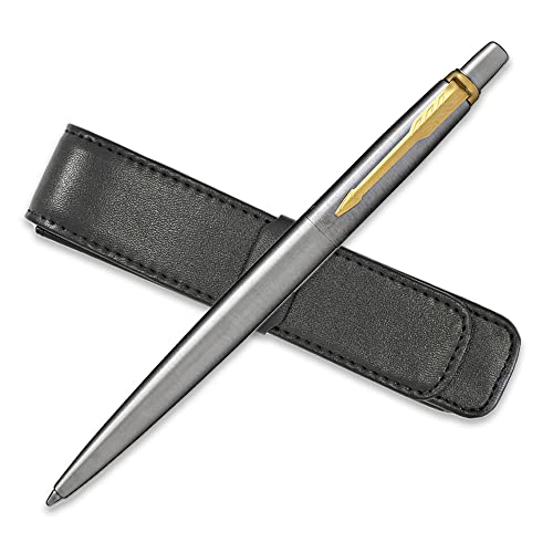 Parker Personalized/Engraved Jotter Stainless Steel & Gold Ballpoint Pen with Leather Case and Gift Box - Custom Engraved with your Name (Stainless Gold)