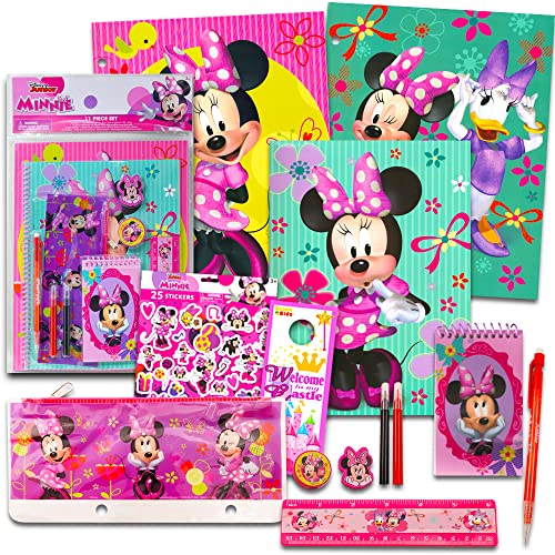 Minnie Mouse Disney School Supplies Value Pack - 11 Pcs (2 Folders, Notebook, Pencils, Erasers, Stickers and More)