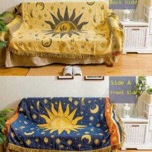 Erke Moon and Sun Throw Blanket Celestial Chair Recliner Cover Bed Spread Hippie Room Decor, Double Sided Cotton Woven Sofa Couch Furniture Aesthetic Throws - 50" X 70", Yellow/Blue