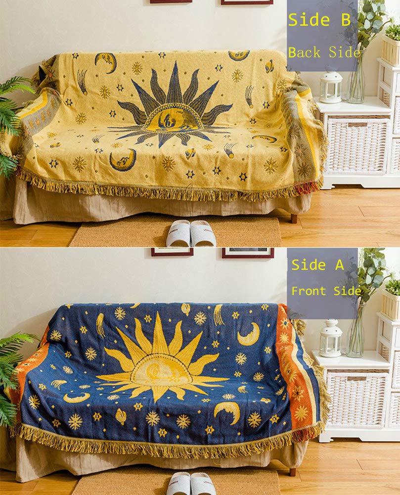 Erke Moon and Sun Throw Blanket Celestial Chair Recliner Cover Bed Spread Hippie Room Decor, Double Sided Cotton Woven Sofa Couch Furniture Aesthetic Throws - 50" X 70", Yellow/Blue