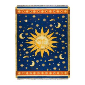 Erke Moon and Sun Throw Blanket Celestial Chair Recliner Cover Bed Spread Hippie Room Decor, Double Sided Cotton Woven Sofa Couch Furniture Aesthetic Throws - 50" X 70", Yellow/Blue