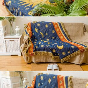 Erke Moon and Sun Throw Blanket Celestial Chair Recliner Cover Bed Spread Hippie Room Decor, Double Sided Cotton Woven Sofa Couch Furniture Aesthetic Throws - 50" X 70", Yellow/Blue