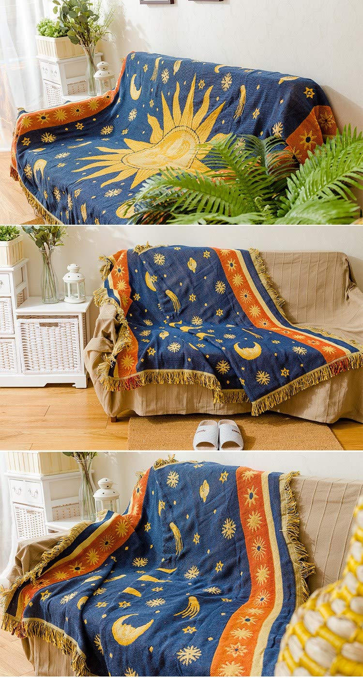 Erke Moon and Sun Throw Blanket Celestial Chair Recliner Cover Bed Spread Hippie Room Decor, Double Sided Cotton Woven Sofa Couch Furniture Aesthetic Throws - 50" X 70", Yellow/Blue