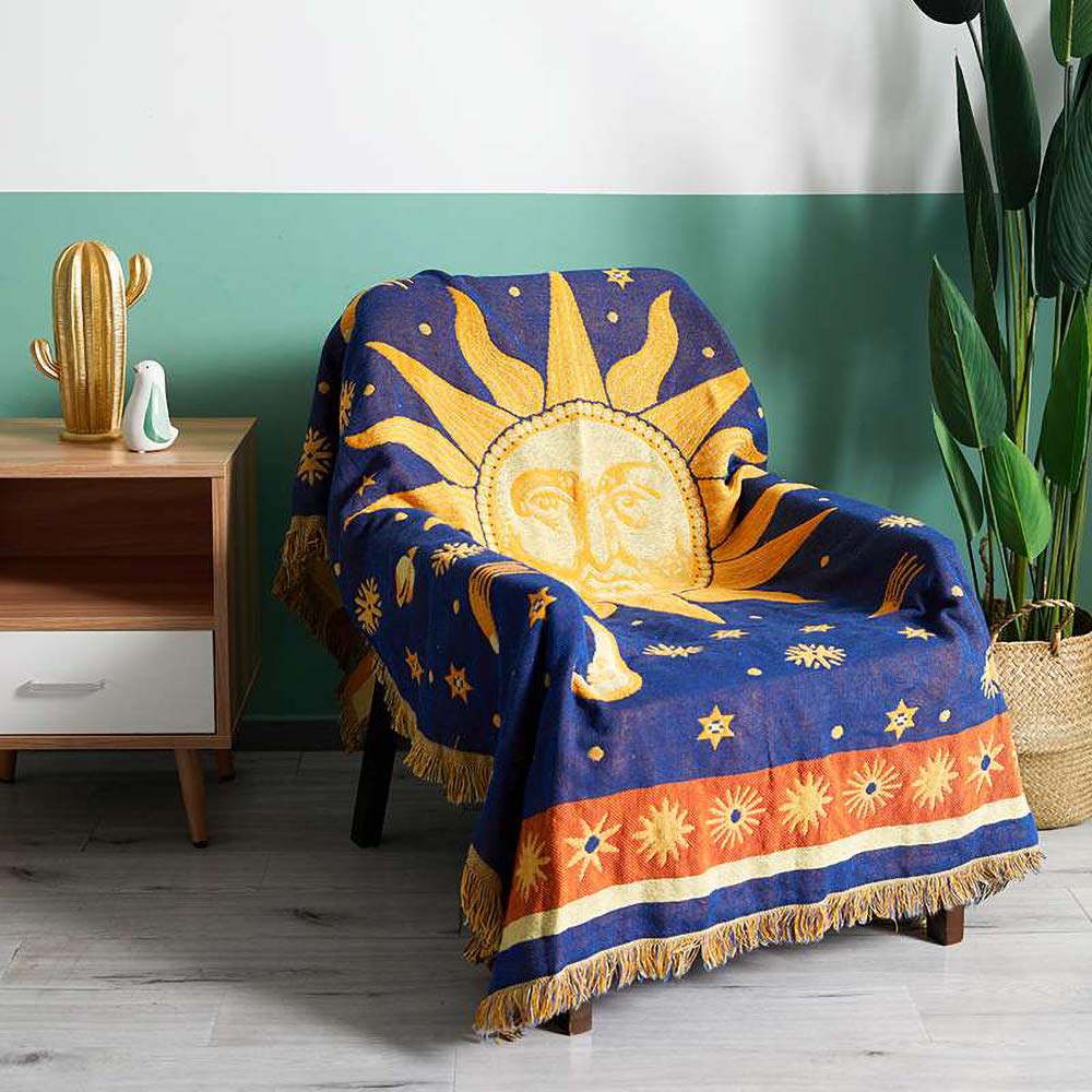 Erke Moon and Sun Throw Blanket Celestial Chair Recliner Cover Bed Spread Hippie Room Decor, Double Sided Cotton Woven Sofa Couch Furniture Aesthetic Throws - 50" X 70", Yellow/Blue