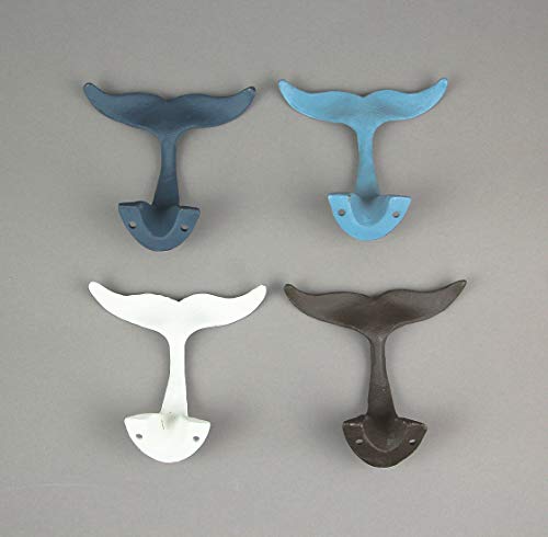 Zeckos Set of 4 Colorful Cast Iron Whale Tail Wall Hooks Decorative Coastal Metal Hangers