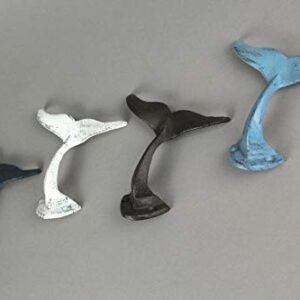 Zeckos Set of 4 Colorful Cast Iron Whale Tail Wall Hooks Decorative Coastal Metal Hangers