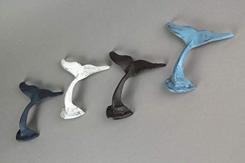 Zeckos Set of 4 Colorful Cast Iron Whale Tail Wall Hooks Decorative Coastal Metal Hangers