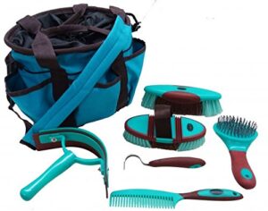 showman 6 piece soft grip grooming kit w/brush hoof pick scraper mane & tail