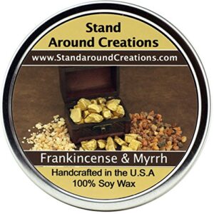 premium 100% all natural soy candle - 16 oz.tin: frankincense and myrrh: an blend of bergamot, patchouli, sandalwood, myrrh essential oils highly scented.