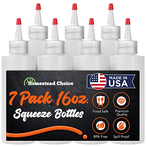 7-pack Plastic Condiment Squeeze Bottles - 16 Ounce with Red Tip Cap - Made in USA - Perfect for Ketchup, BBQ, Sauces, Syrup, Condiments, Dressings, Arts and Crafts