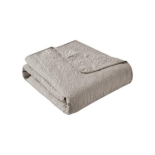 Madison Park Madison Park Luxe Quilted Throw Blanket - Damask Stitching Design, Cotton Filled Spread, Ultra Soft, Cozy Bedding for Living Room Couch, Sofa, Bed, 60x70", Piping Borders Khaki