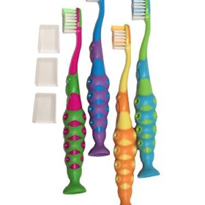 Secret for Longevity 4-Pack of Kids Childrens Toddler Extra Soft Bristle Easy Grip BPA Free Toothbrush Set w/Suction Base and Travel Dust Covers