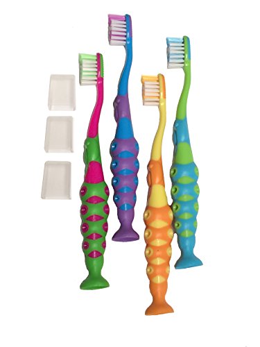 Secret for Longevity 4-Pack of Kids Childrens Toddler Extra Soft Bristle Easy Grip BPA Free Toothbrush Set w/Suction Base and Travel Dust Covers