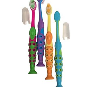 Secret for Longevity 4-Pack of Kids Childrens Toddler Extra Soft Bristle Easy Grip BPA Free Toothbrush Set w/Suction Base and Travel Dust Covers