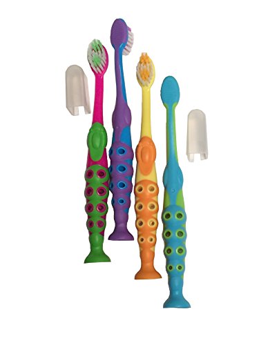 Secret for Longevity 4-Pack of Kids Childrens Toddler Extra Soft Bristle Easy Grip BPA Free Toothbrush Set w/Suction Base and Travel Dust Covers