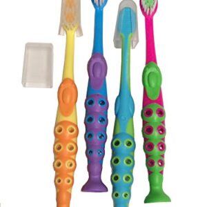 Secret for Longevity 4-Pack of Kids Childrens Toddler Extra Soft Bristle Easy Grip BPA Free Toothbrush Set w/Suction Base and Travel Dust Covers