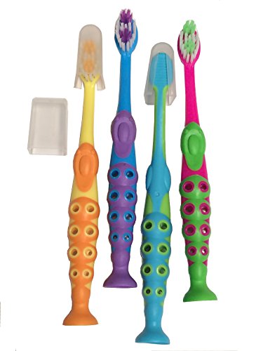 Secret for Longevity 4-Pack of Kids Childrens Toddler Extra Soft Bristle Easy Grip BPA Free Toothbrush Set w/Suction Base and Travel Dust Covers