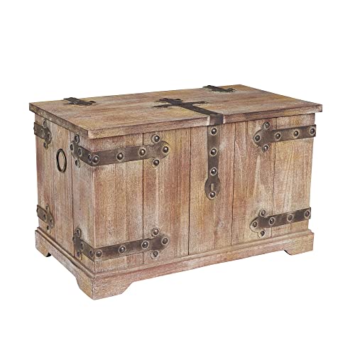 Household Essentials Decorative Trunk, Victorian, Large, Chinese Fir Wood, Aged-Wood Finish with Metal Accents, Fully Opening Lid, Stout Design, Ring Handles