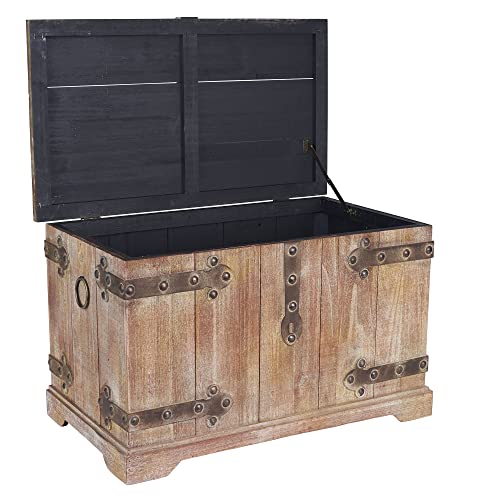 Household Essentials Decorative Trunk, Victorian, Large, Chinese Fir Wood, Aged-Wood Finish with Metal Accents, Fully Opening Lid, Stout Design, Ring Handles