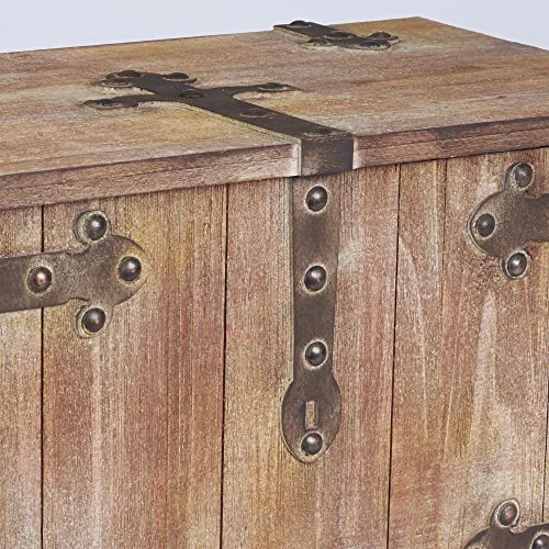 Household Essentials Decorative Trunk, Victorian, Large, Chinese Fir Wood, Aged-Wood Finish with Metal Accents, Fully Opening Lid, Stout Design, Ring Handles