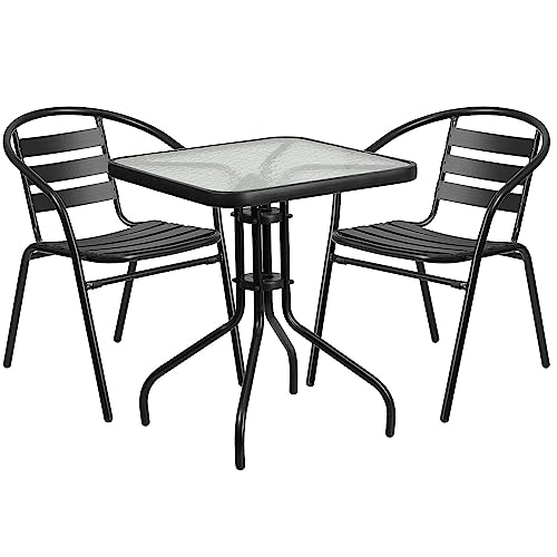 Flash Furniture Lila 23.5'' Square Glass Metal Table with 2 Black Metal Aluminum Slat Stack Chairs