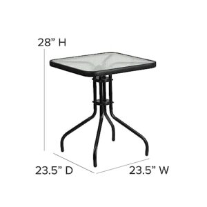 Flash Furniture Lila 23.5'' Square Glass Metal Table with 2 Black Metal Aluminum Slat Stack Chairs