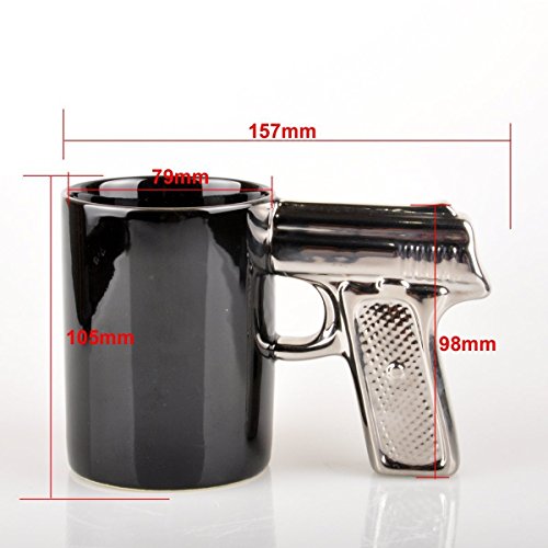 HLJgift Novelty Ceramic Coffee Mugs Gun Mugs Pistol Cup for amazing gift Black&Silver