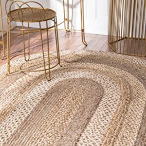 NULOOM Charlene Braided Border Jute Area Rug, 8' x 10' Oval, Natural