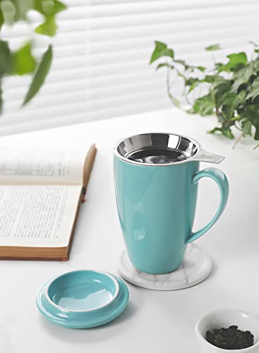 Sweese 15 OZ Porcelain Tea Mug with Infuser and Lid, Loose Leaf Tea Cup, Gifts for Tea Lover, Turquoise - 201.102