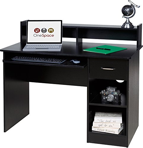 OneSpace Essential Computer Desk, Hutch with Pull-Out Keyboard, Black