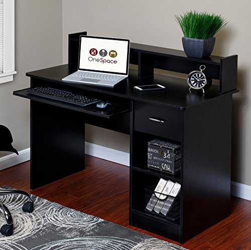 OneSpace Essential Computer Desk, Hutch with Pull-Out Keyboard, Black