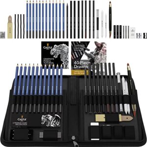 castle art supplies graphite drawing pencils and sketch set (40-piece kit), complete artist kit includes charcoals, pastels and zippered carry case, rare pop-up stand