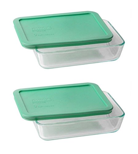 World Kitchen Pyrex 3-cup Rectangle Glass Food Storage Set Container (Pack of 2 Containers), Green Lid (SYNCHKG128976)