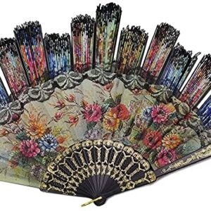 HUNANBANG 1 Dozen 12 Pieces Folding Hand Fans Church Wedding Gift, Party Favors, DIY Decoration Gift Size9 Wholesale 12pack (Flower)