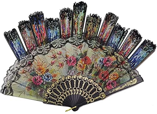 HUNANBANG 1 Dozen 12 Pieces Folding Hand Fans Church Wedding Gift, Party Favors, DIY Decoration Gift Size9 Wholesale 12pack (Flower)