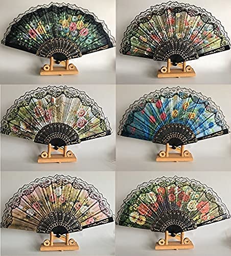 HUNANBANG 1 Dozen 12 Pieces Folding Hand Fans Church Wedding Gift, Party Favors, DIY Decoration Gift Size9 Wholesale 12pack (Flower)