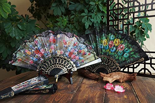 HUNANBANG 1 Dozen 12 Pieces Folding Hand Fans Church Wedding Gift, Party Favors, DIY Decoration Gift Size9 Wholesale 12pack (Flower)