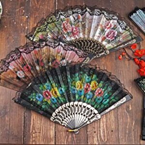 HUNANBANG 1 Dozen 12 Pieces Folding Hand Fans Church Wedding Gift, Party Favors, DIY Decoration Gift Size9 Wholesale 12pack (Flower)