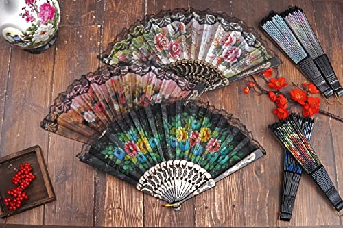 HUNANBANG 1 Dozen 12 Pieces Folding Hand Fans Church Wedding Gift, Party Favors, DIY Decoration Gift Size9 Wholesale 12pack (Flower)