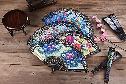 HUNANBANG 1 Dozen 12 Pieces Folding Hand Fans Church Wedding Gift, Party Favors, DIY Decoration Gift Size9 Wholesale 12pack (Flower)