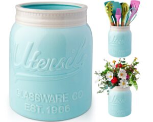 comfify wide mouth mason jar utensil holder decorative kitchenware organizer crock, chip resistant ceramic, dishwasher safe - kitchen caddy aqua blue for countertop, large size 7" high