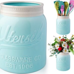 Comfify Wide Mouth Mason Jar Utensil Holder Decorative Kitchenware Organizer Crock, Chip Resistant Ceramic, Dishwasher Safe - Kitchen Caddy Aqua Blue for Countertop, Large Size 7" High