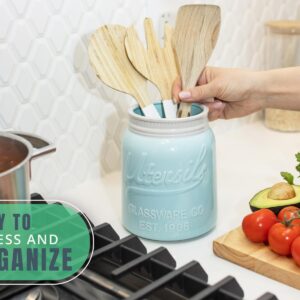 Comfify Wide Mouth Mason Jar Utensil Holder Decorative Kitchenware Organizer Crock, Chip Resistant Ceramic, Dishwasher Safe - Kitchen Caddy Aqua Blue for Countertop, Large Size 7" High