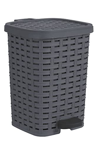 Superio Small Square Pedal Trash Can 7.5 Qt. Charcoal Grey - Rattan Style Compact Small Garbage Can with Lid for Small Spaces, Indoor Outdoor