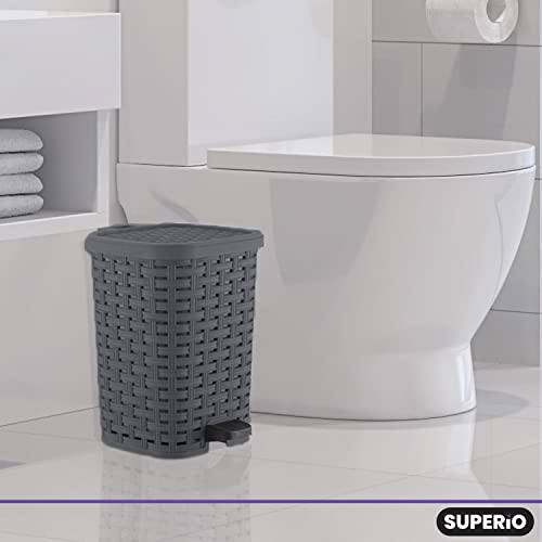 Superio Small Square Pedal Trash Can 7.5 Qt. Charcoal Grey - Rattan Style Compact Small Garbage Can with Lid for Small Spaces, Indoor Outdoor