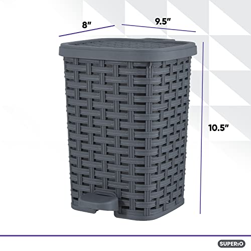 Superio Small Square Pedal Trash Can 7.5 Qt. Charcoal Grey - Rattan Style Compact Small Garbage Can with Lid for Small Spaces, Indoor Outdoor