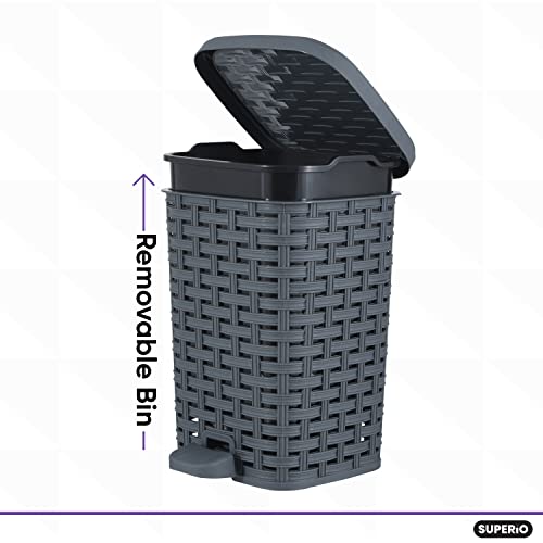 Superio Small Square Pedal Trash Can 7.5 Qt. Charcoal Grey - Rattan Style Compact Small Garbage Can with Lid for Small Spaces, Indoor Outdoor