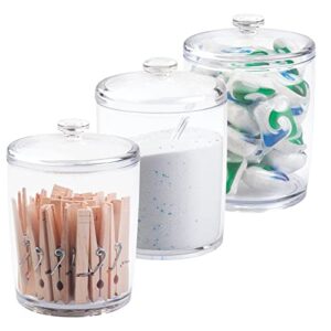 mdesign plastic laundry shelf storage organizer jar holder set for laundry room storage - holds detergent powder, pods, clothes pins, dryer sheets, scent boosters - 3 pack - clear