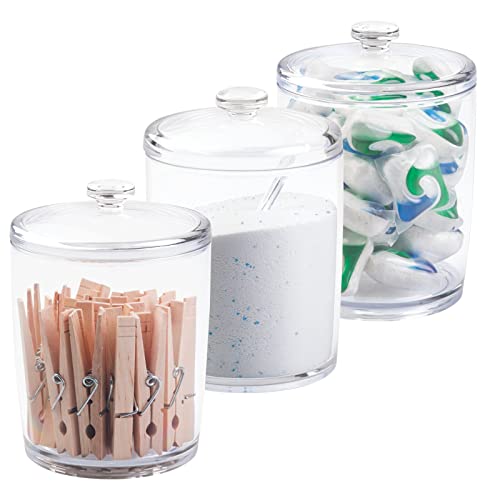 mDesign Plastic Laundry Shelf Storage Organizer Jar Holder Set for Laundry Room Storage - Holds Detergent Powder, Pods, Clothes Pins, Dryer Sheets, Scent Boosters - 3 Pack - Clear